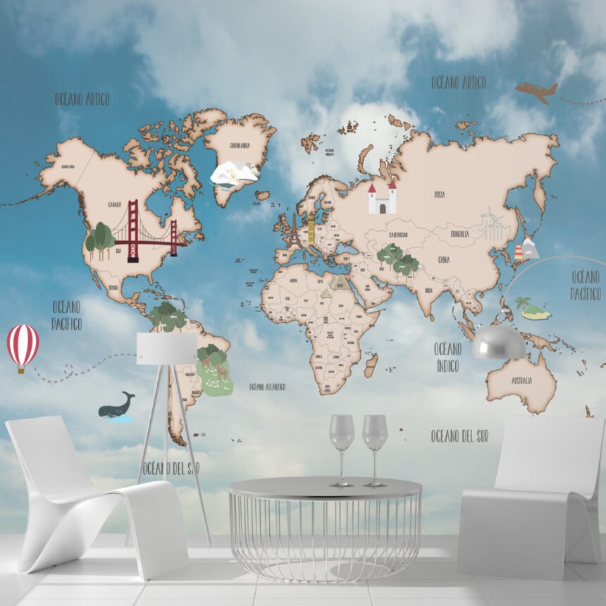 Mural mapamundi íconos - VINILOPOLIS