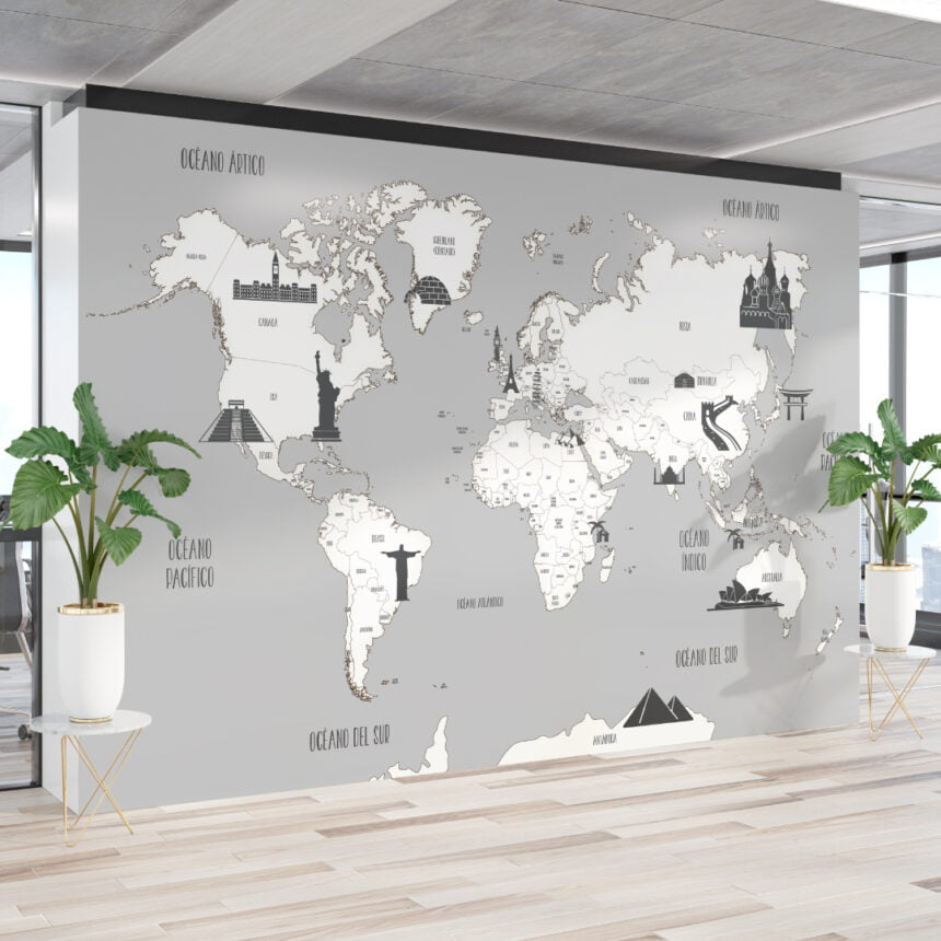 Mural adhesivo mapamundi monumentos - VINILOPOLIS