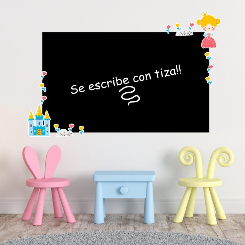 Vinilo didáctico tablero tiza princesa flores - VINILOPOLIS